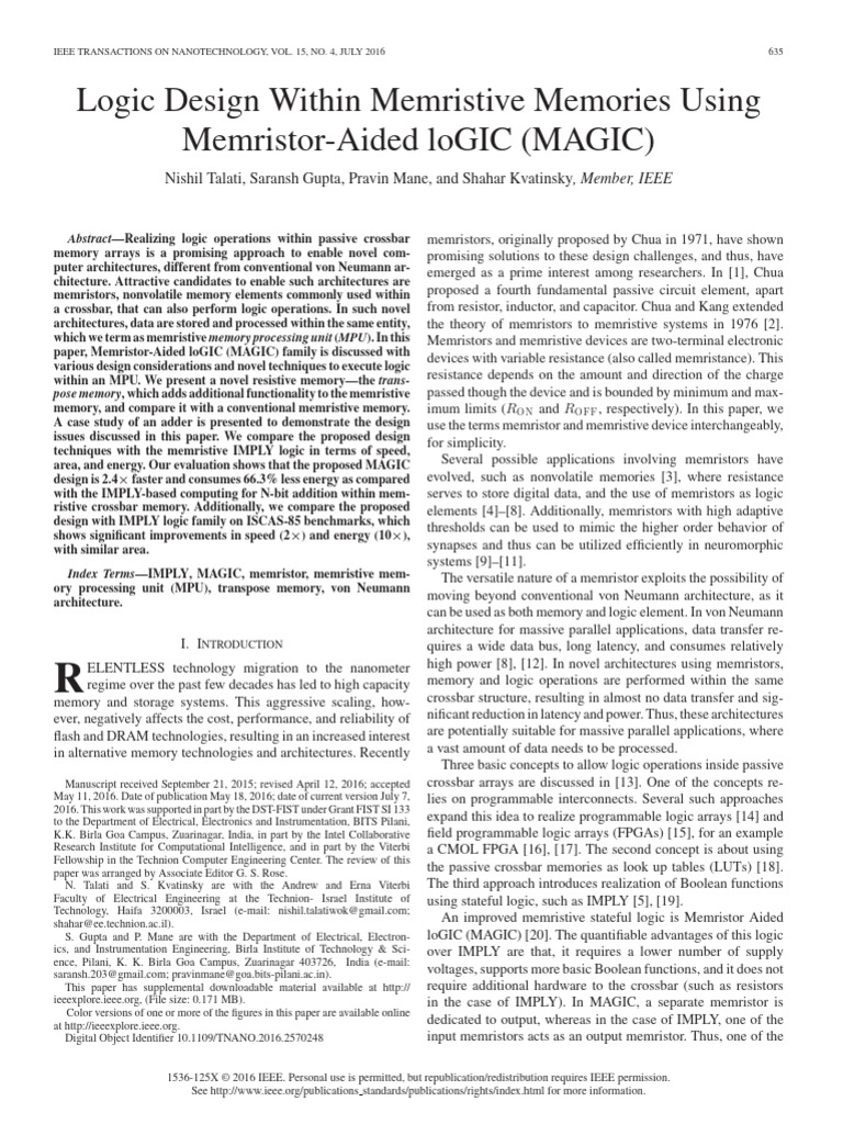 Logic Design Within Memristive Memories Using Memristor-Aided LoGIC ...