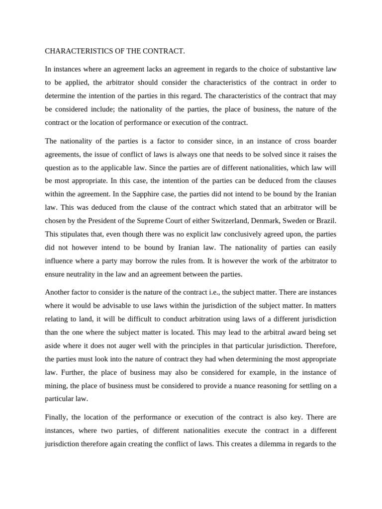 Characteristics Of The Contract Pdf Arbitration Jurisdiction