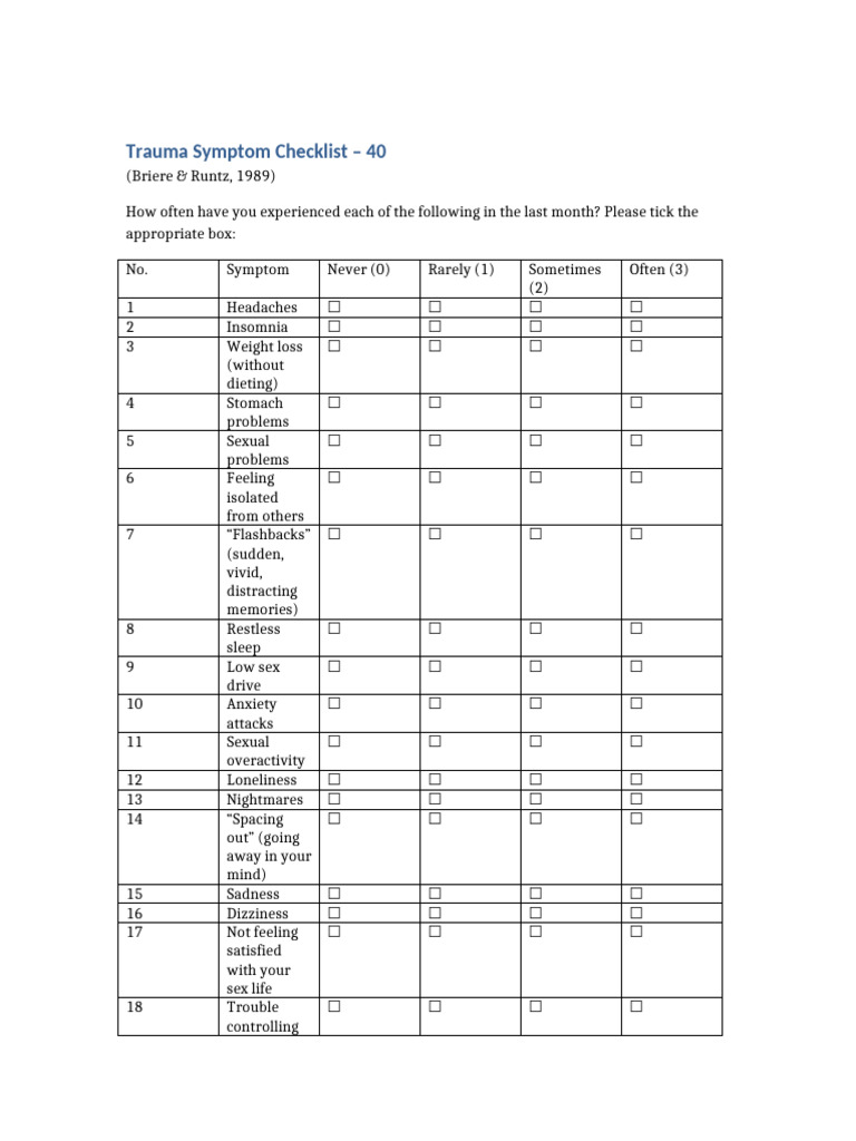 Trauma Symptom Checklist 40 | PDF | Psychological Trauma | Behavioural ...