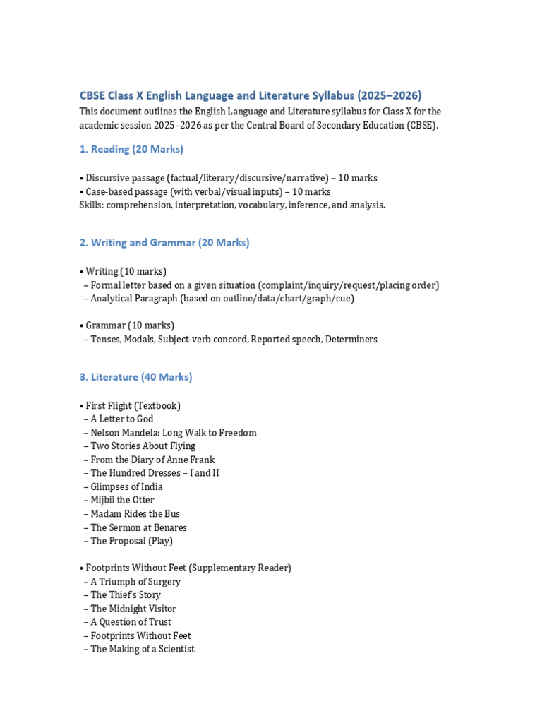 CBSE Class X English Syllabus 2025-26 | PDF
