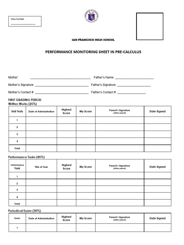Performance Monitoring Sheet in Pre Calculus - Print in A4 Only - B2B | PDF