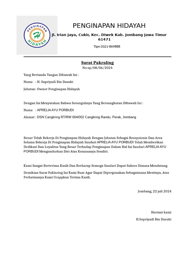 Surat Paklaring 2 | PDF