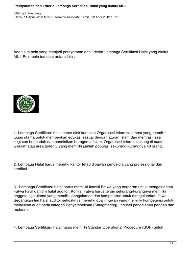 Persyaratan Dan Kriteria Lembaga Sertifikasi Halal Yang Diakui Mui | PDF
