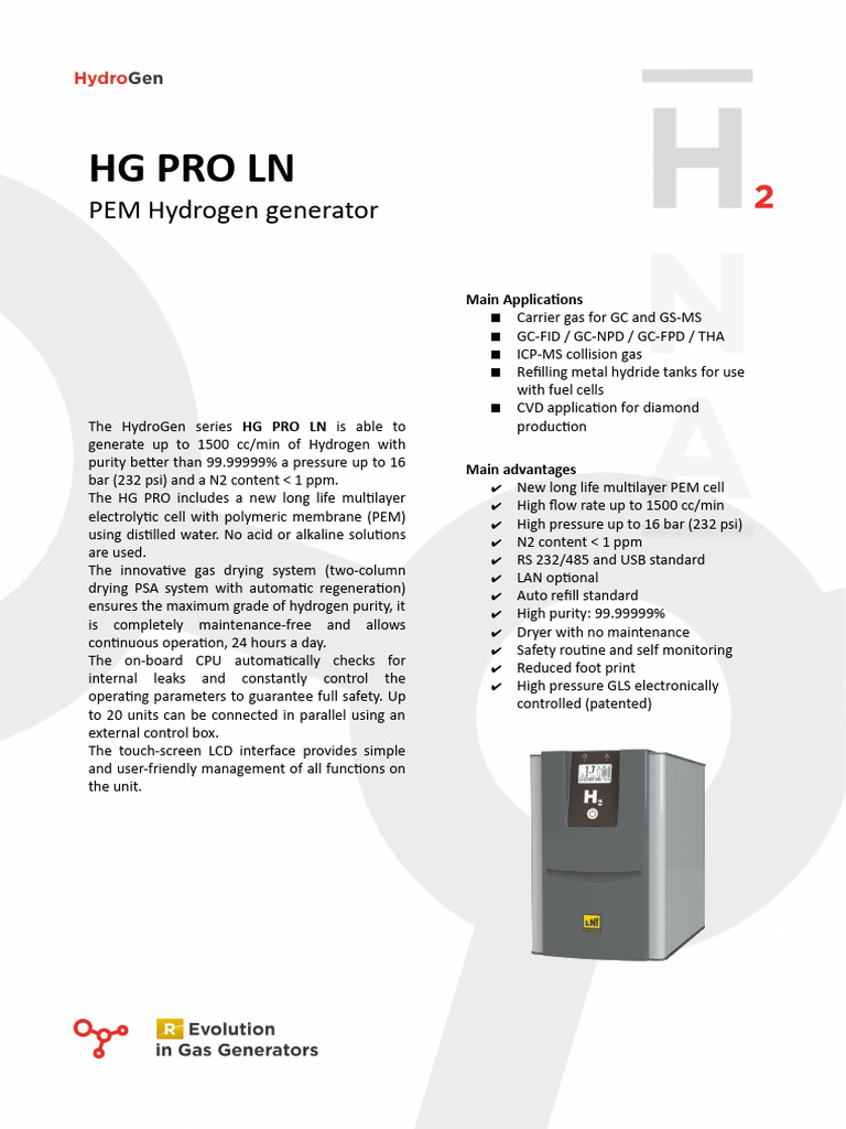 HG Pro LN Pem Hydrogen Generator Data Sheet Lni Swiss Gas 1 | PDF ...