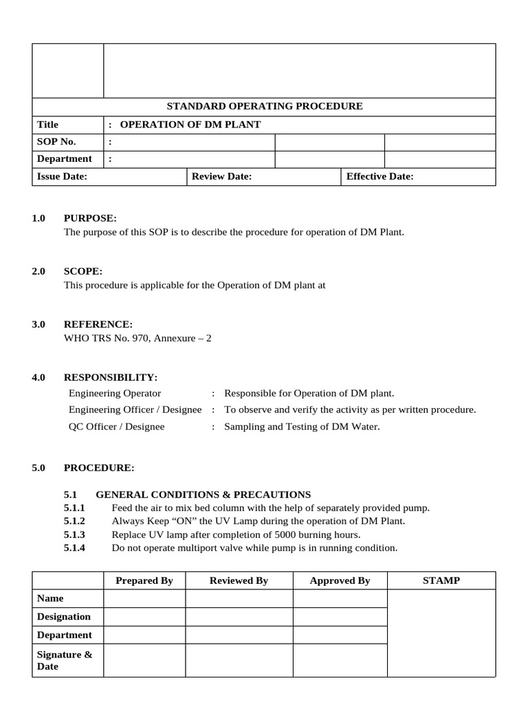DM Plant Operation SOP | PDF | Purified Water | Quality Assurance