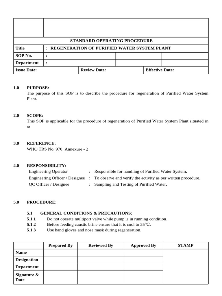 Sop-Eg-025 00 Regeneration of Purified Water System Plant | PDF ...