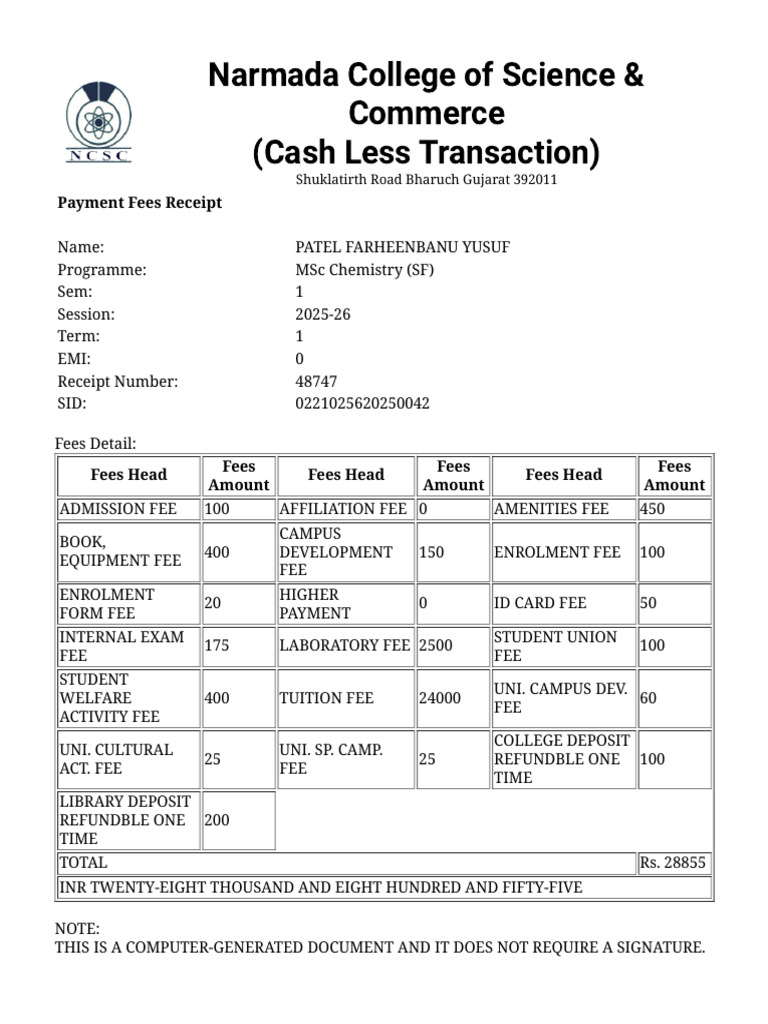 MSc Chemistry Fee Receipt 2025-26 | PDF