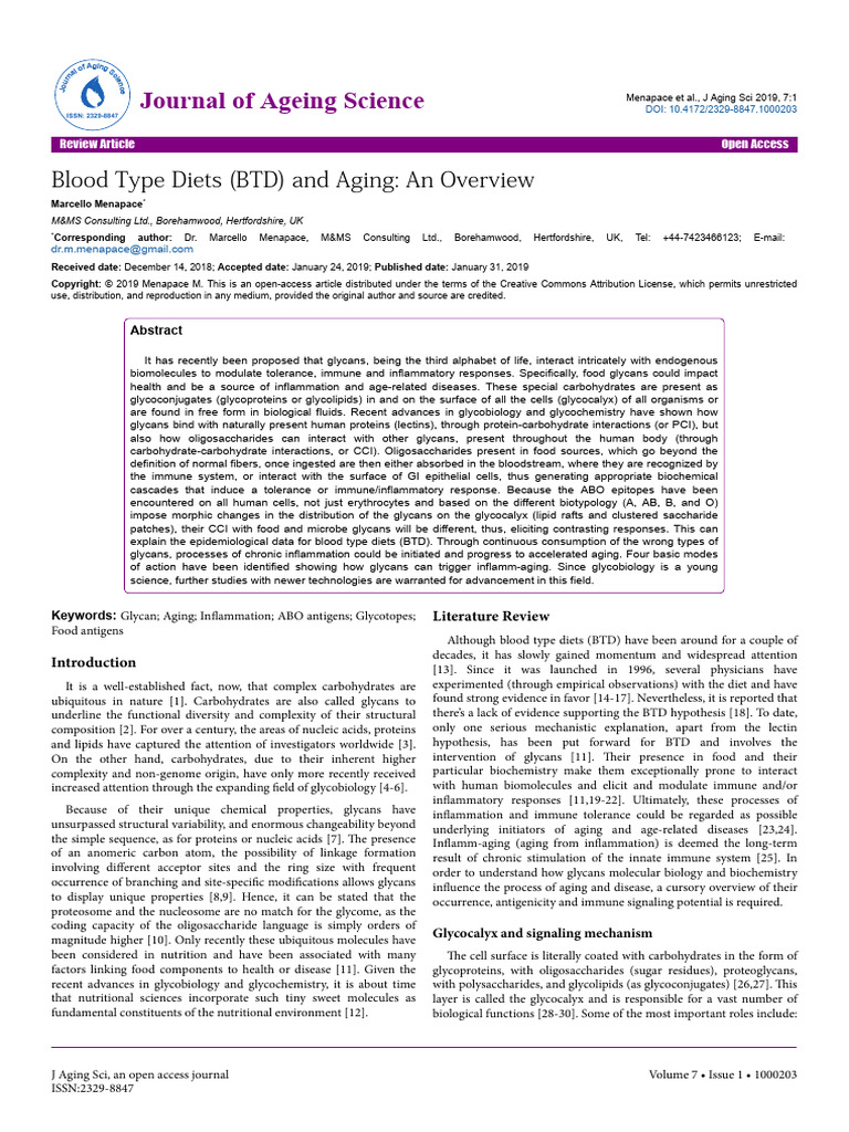 Blood Type Diets BTD and Aging An Overview | PDF | Extracellular Matrix | Immune System