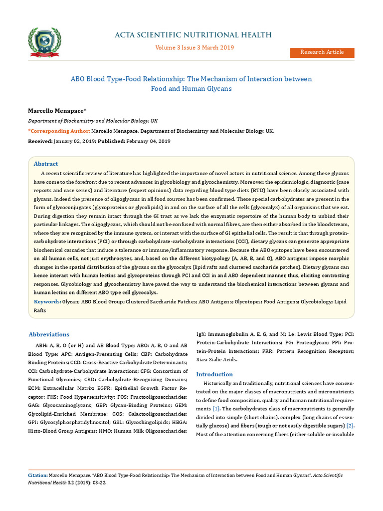 ABO Blood Type-Food Relationship | PDF | Carbohydrates | Dietary Fiber