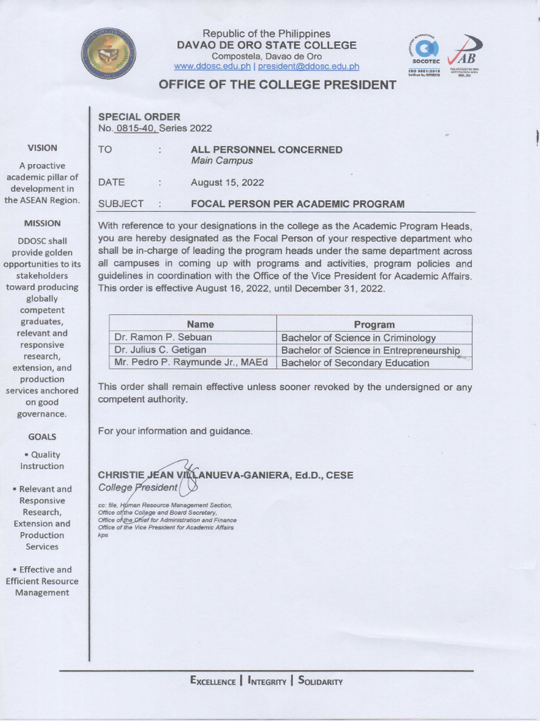 0815-40 Focal Person Per Academic Program (Sebuan, Getigan, Raymunde) | PDF