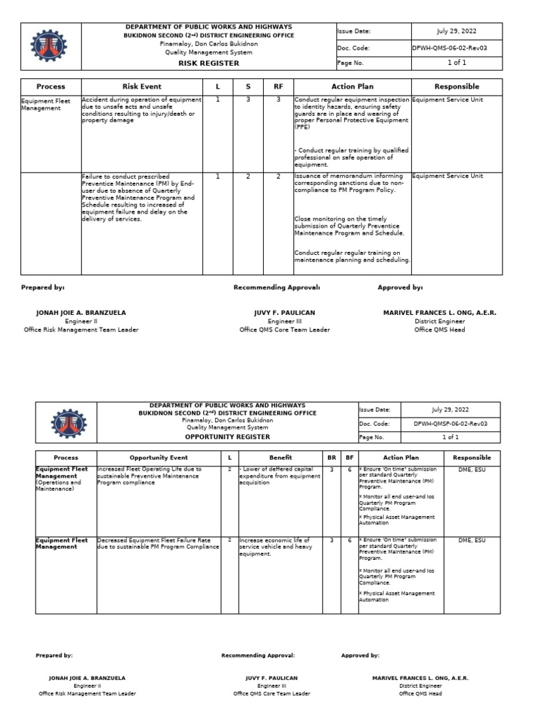 Risk Register and Opportunity Register | PDF | Personal Protective ...