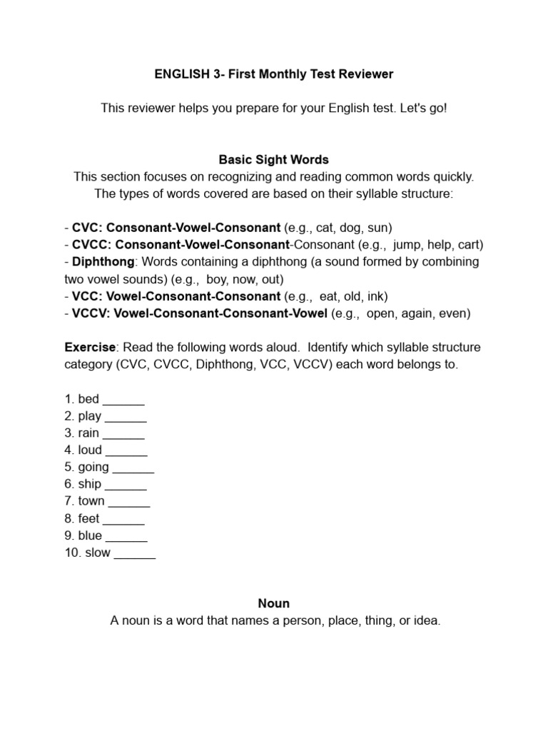 English Test Reviewer: Key Concepts | PDF | English Language | Word