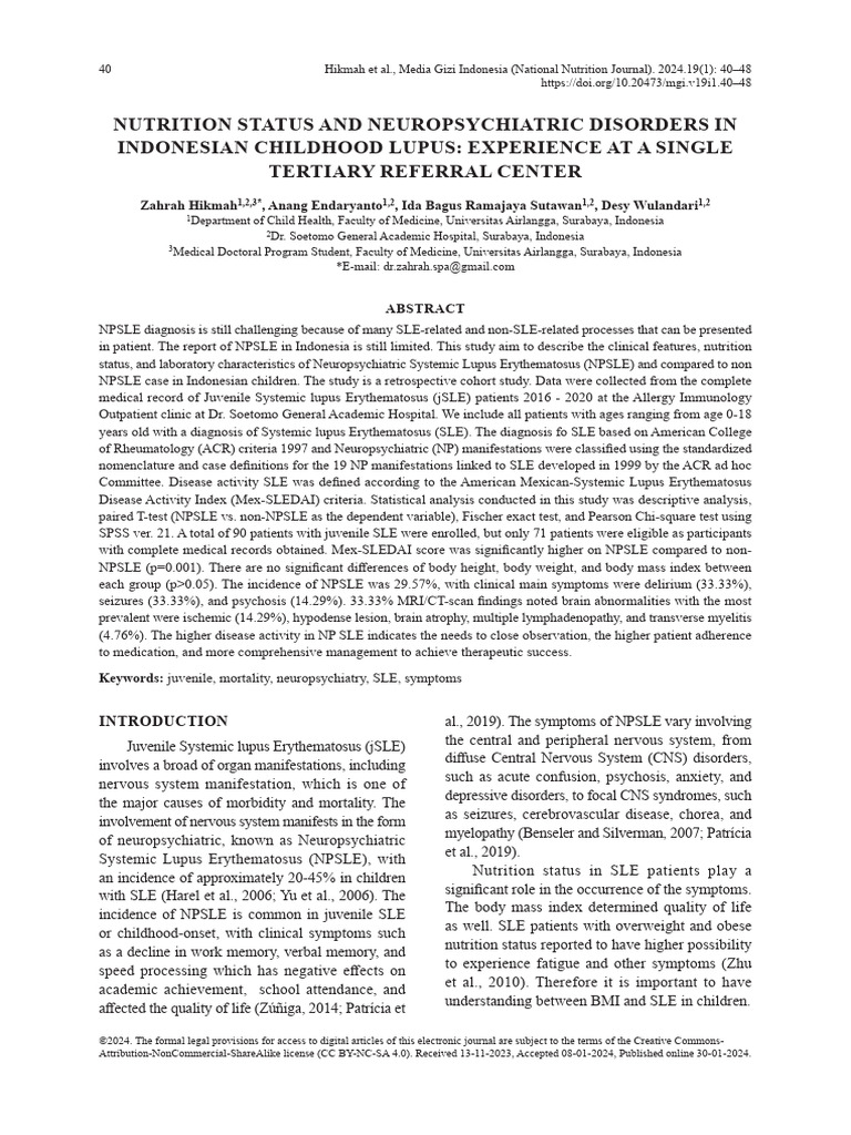 Nutrition Status and Neuropsychiatric Disorders in Indonesian Childhood Lupus (Experience at A ...