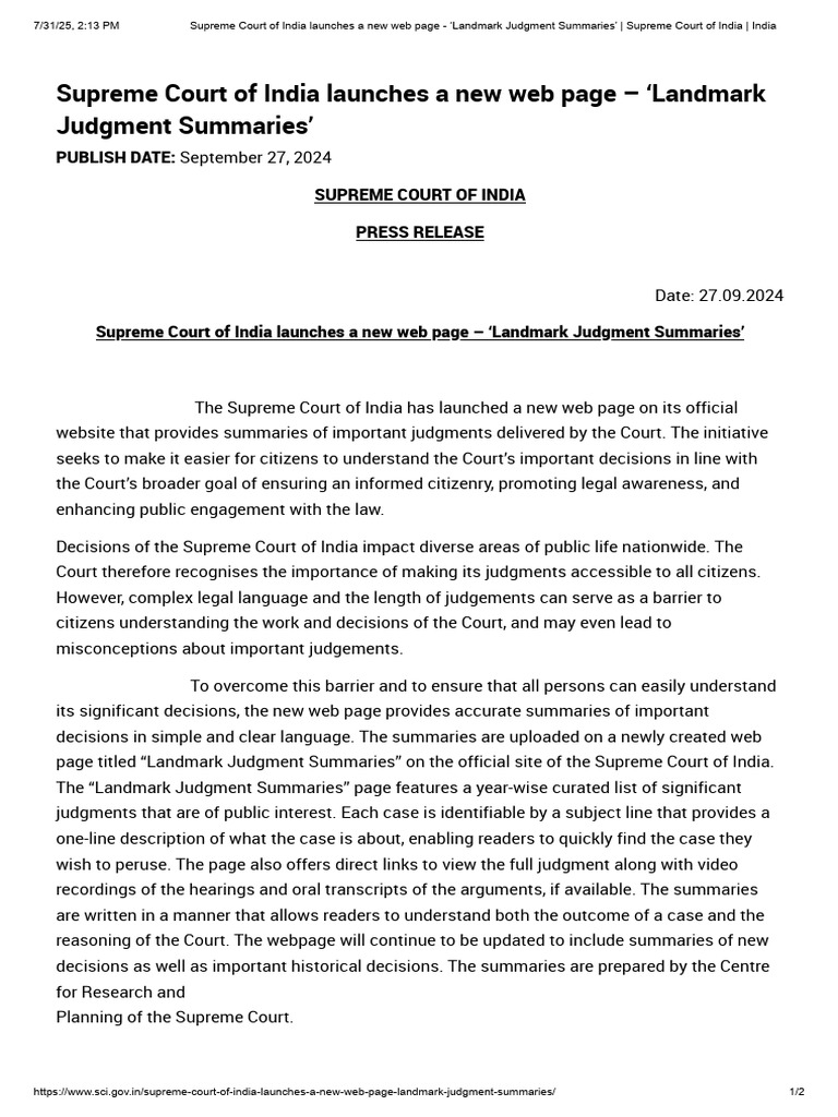 Supreme Court of India Launches A New Web Page - Landmark Judgment ...
