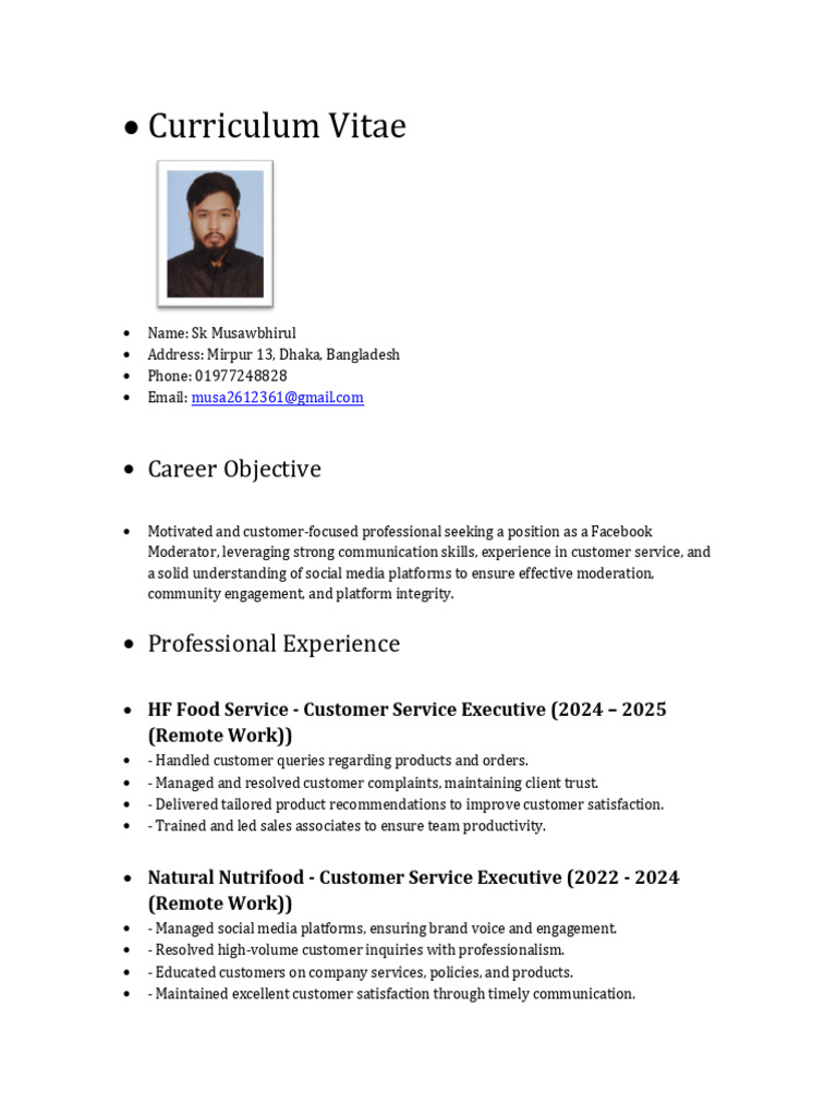 Musa's CV: Facebook Moderator Focus | PDF