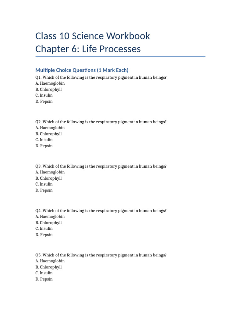 Class 10 Science: Life Processes MCQs | PDF | Chemical Compounds ...
