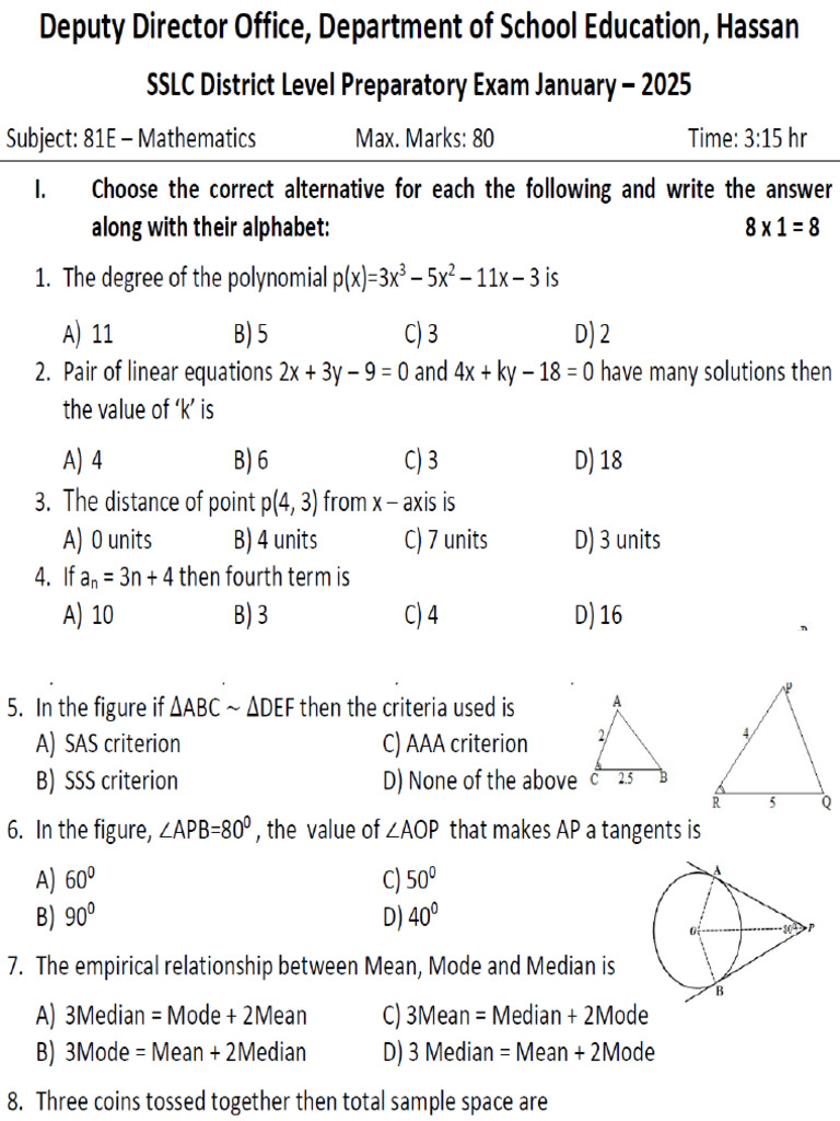 Hasana District Maths Preparatory QP 2025 | PDF