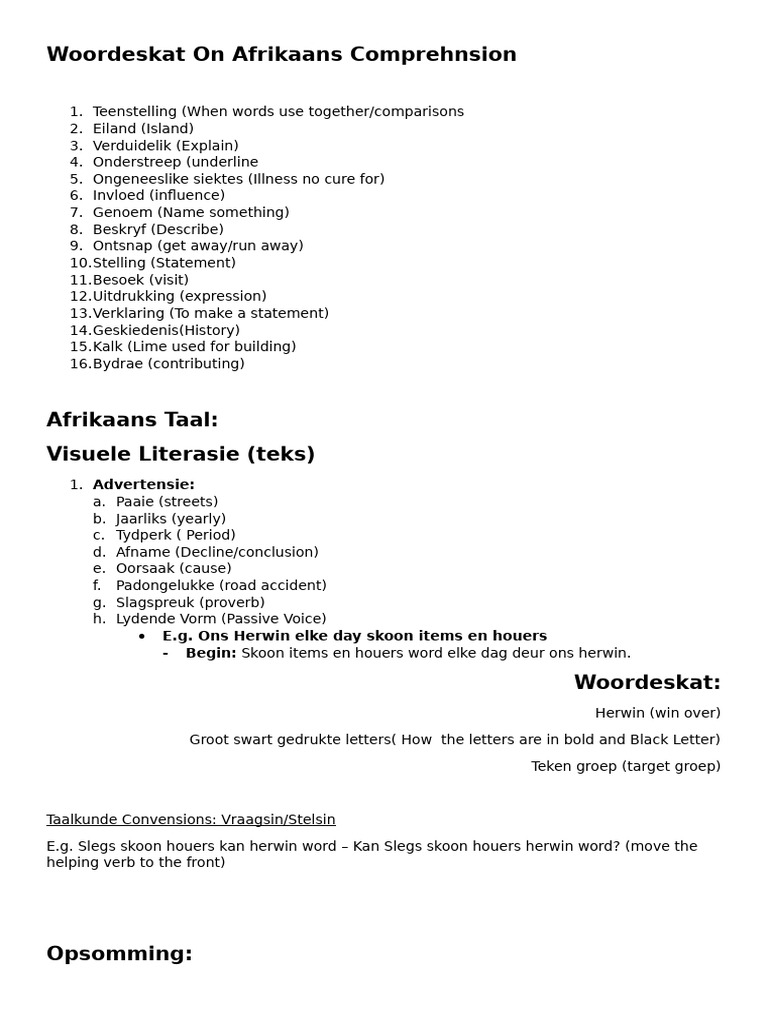 Woordeskat On Afrikaans Comprehnsion | PDF