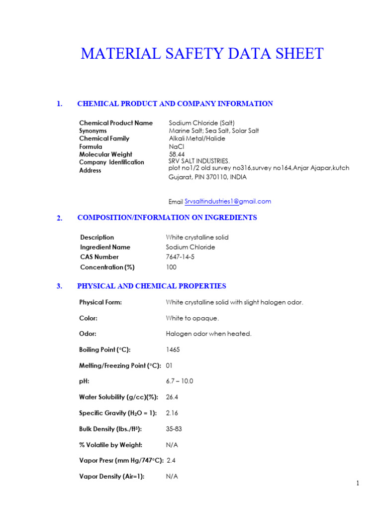 Sodium Chloride Safety Data Sheet | PDF | Dehydration | Water