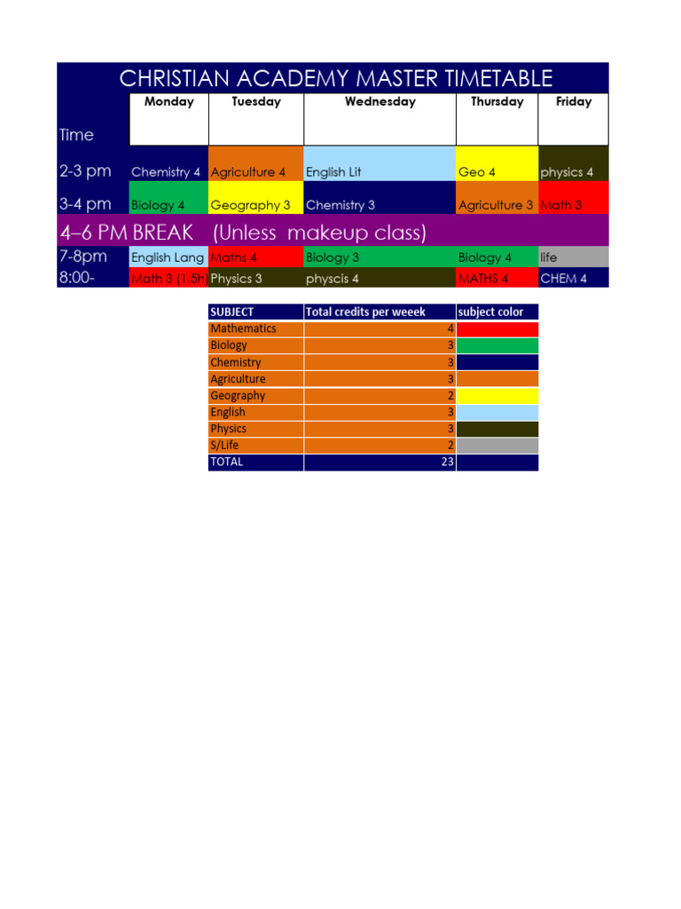 Christian Academy Master Timetable | PDF