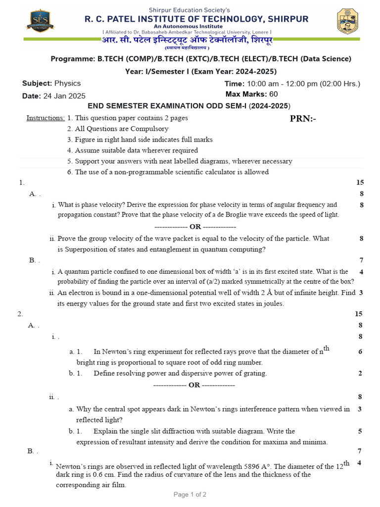 RCPIT Physics Syllabus FY 2024-25 | PDF | Optics | Refractive Index