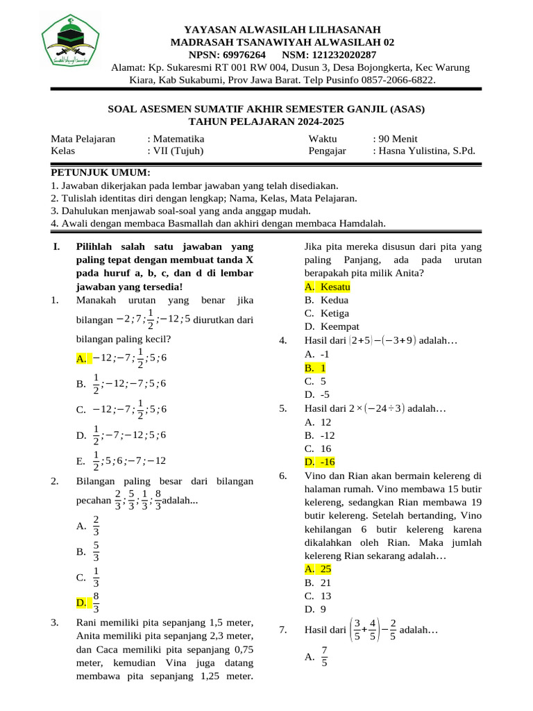 Soal Dan Jawaban ASAS Matematika MTs Kelas 7 2024-2025 | PDF