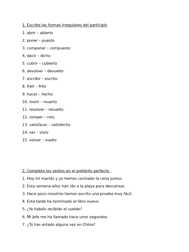 Participios y pretérito perfecto en español | PDF