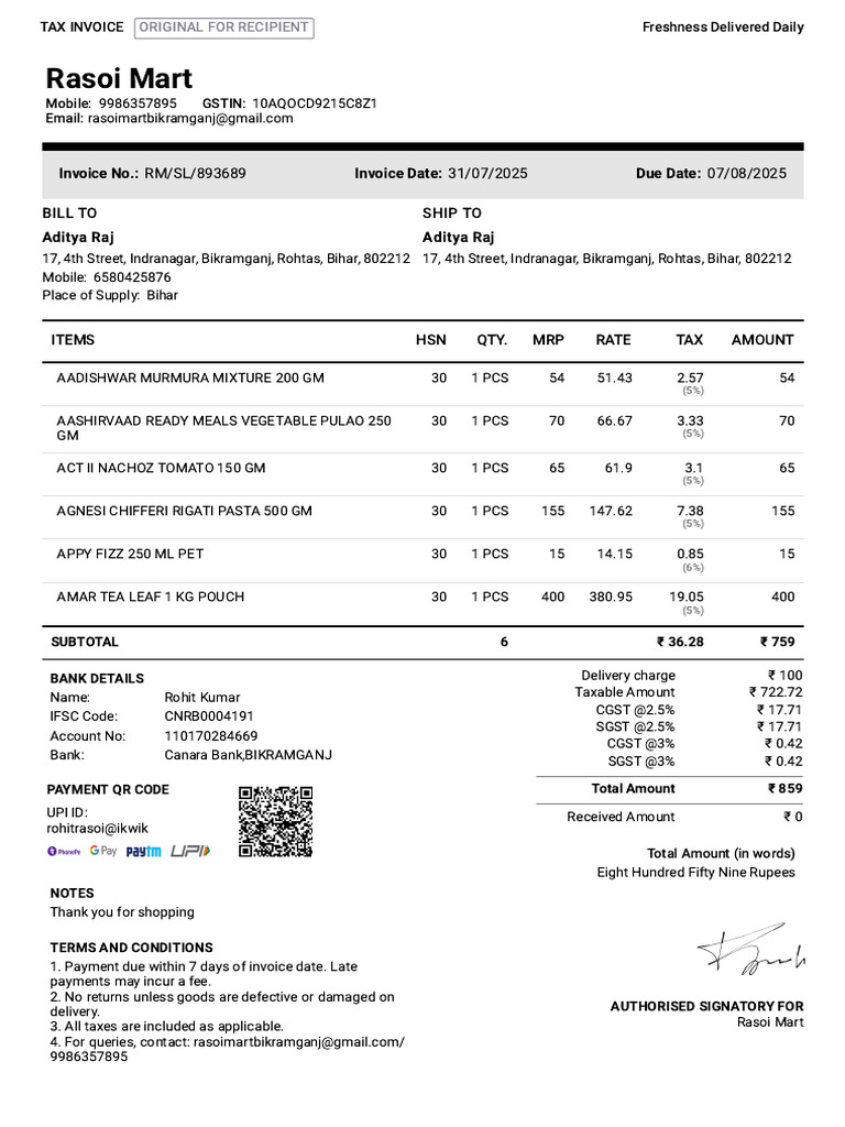 Rasoi Mart Tax Invoice RM/SL/893689 | PDF | Economy Of India ...