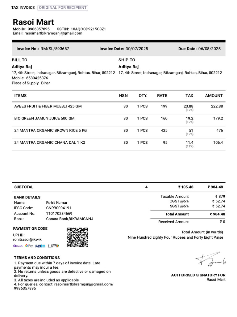 RM SL 893687-Sales Invoice-Aditya Raj | PDF | Taxation | Government ...