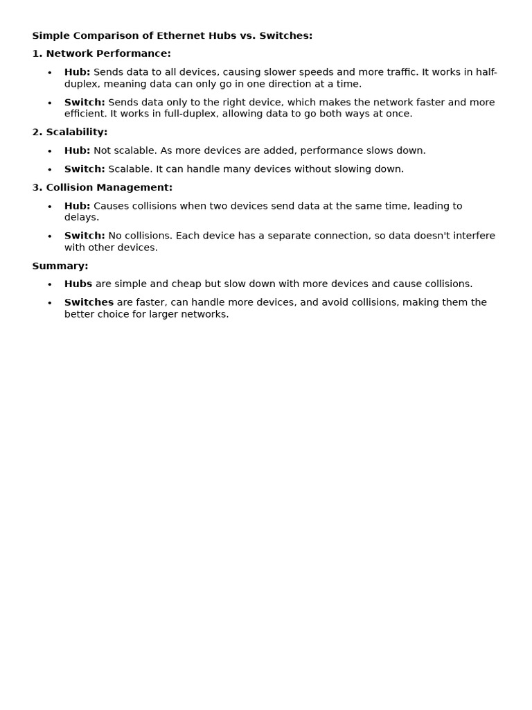 Simple Comparison of Ethernet Hubs vs. Switches | PDF