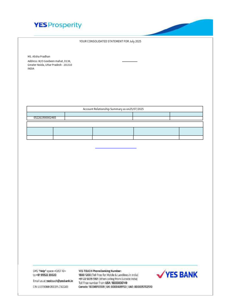 Yes Bank July 2025 Statement Summary | PDF | Banking Technology ...