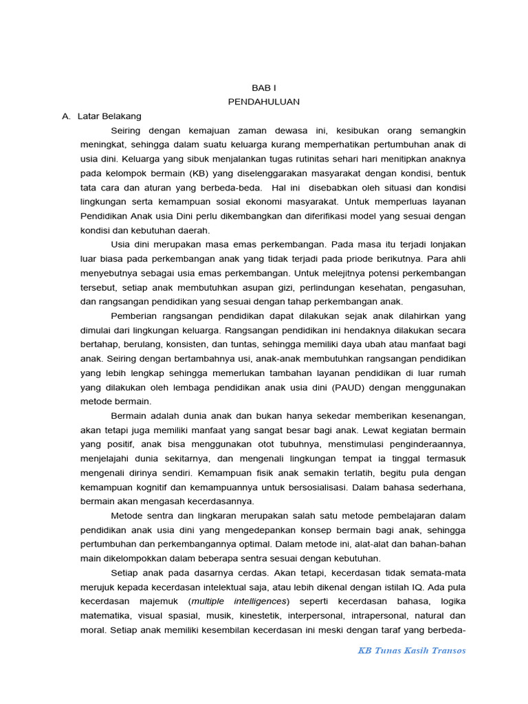 Kurikulum KTSP KB Paud Tunas Kasih Transos Fiik | PDF