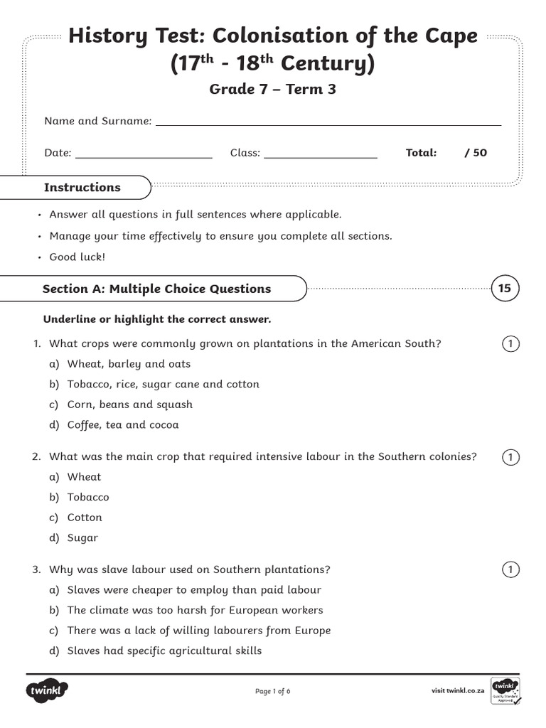 Grade 7 History Test Term 3 Colonisation of The Cape - Ver - 3 | PDF ...