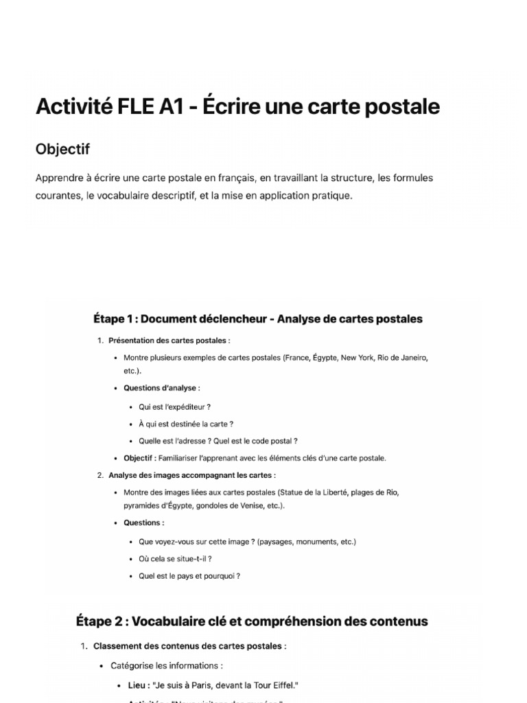 TUTO A1.1 D2L3 Ecrire Une Carte Postale | PDF