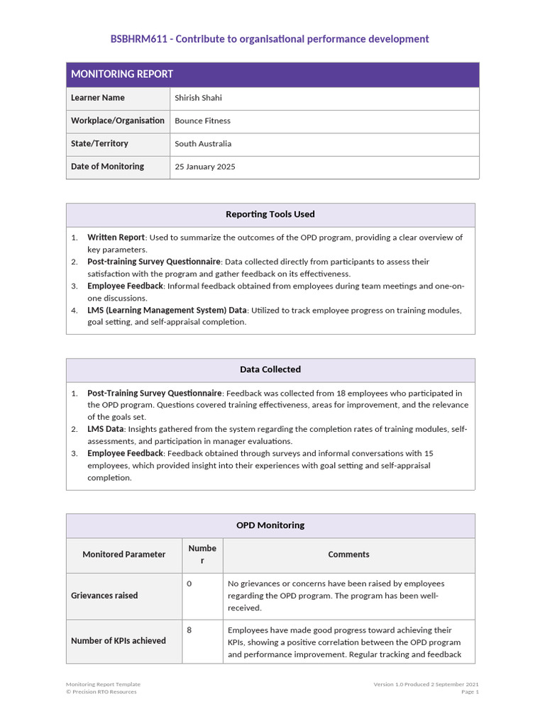 BSBHRM611 Monitoring Report | PDF | Performance Appraisal | Goal Setting
