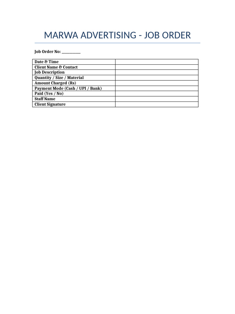 Marwa Job Order Template | PDF