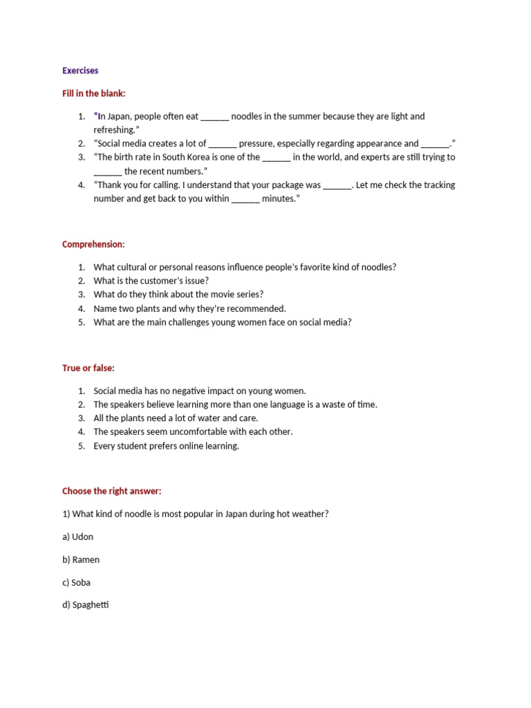 Exercises Listening Sheets | PDF