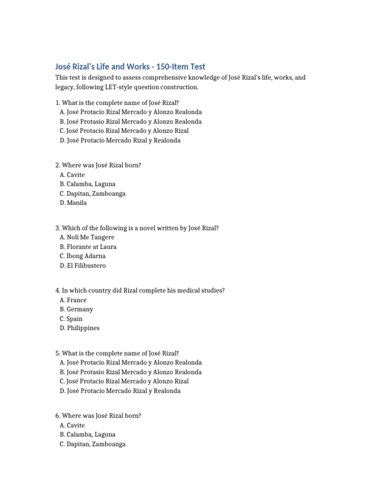 Rizal Life and Works 150 Item Test | PDF | Manila | Philippines