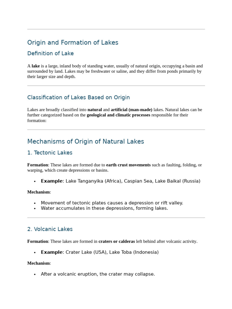 Types and Formation of Lakes | PDF | Lake | Glacier