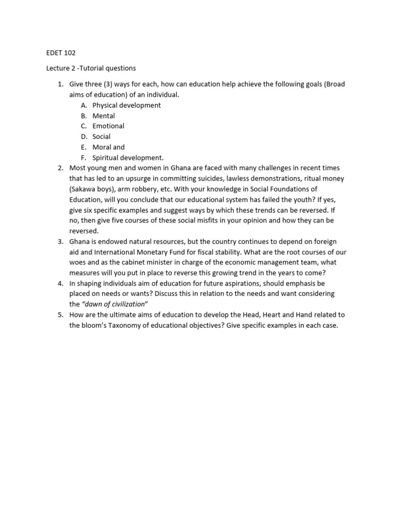 EDET 102 Lecture 2-Tutorial Questions (July 2022) | PDF