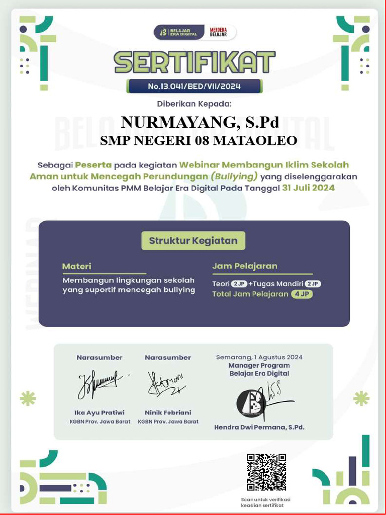 Sertifikat Nurmayang 4 JP 1 Agustus | PDF