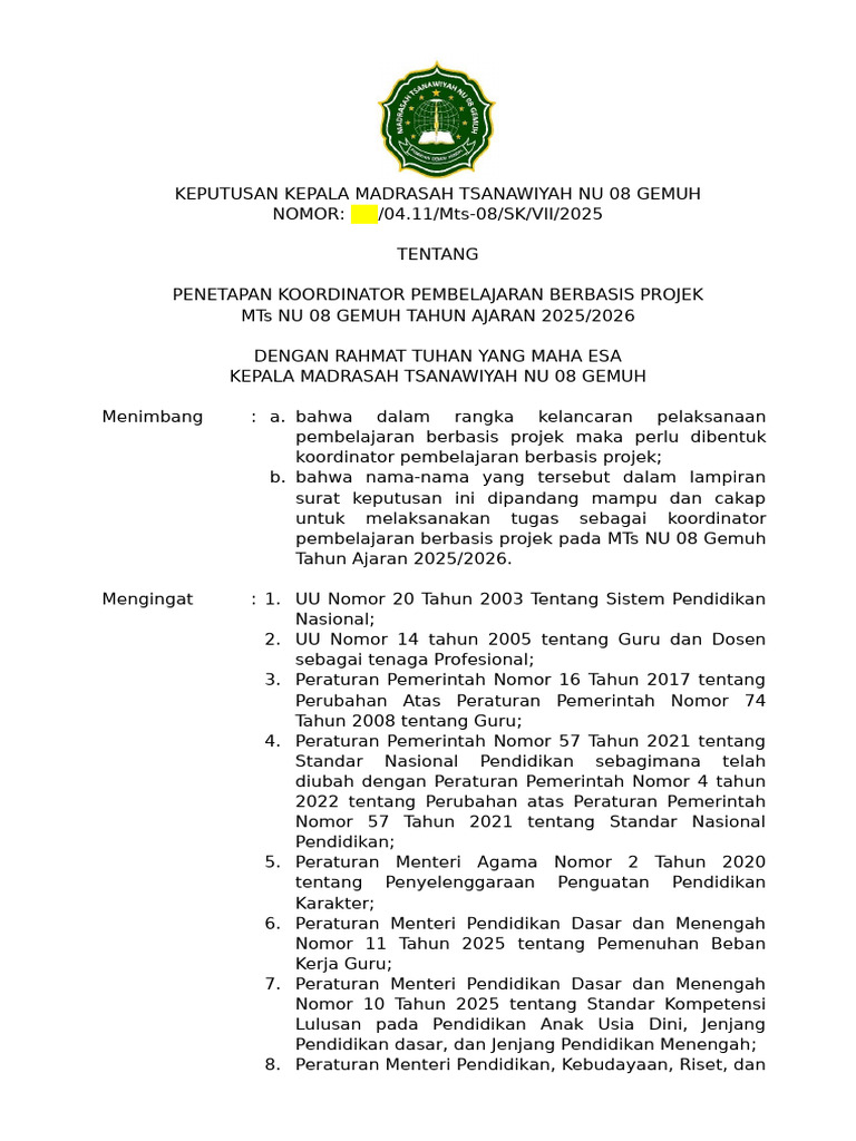 SK Koordinator Pembelajaran Berbasis Projek-Ok | PDF