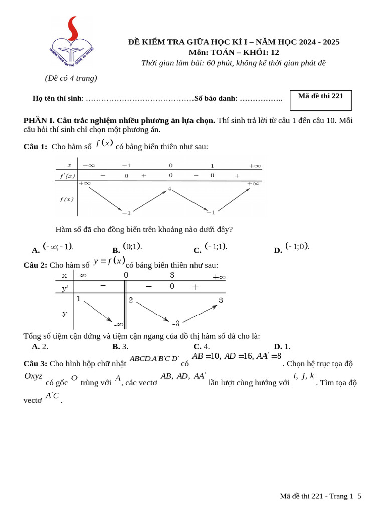 De Giua Hoc Ki 1 Toan 12 Nam 2024 2025 Truong THPT Vo Thi Sau TP HCM | PDF