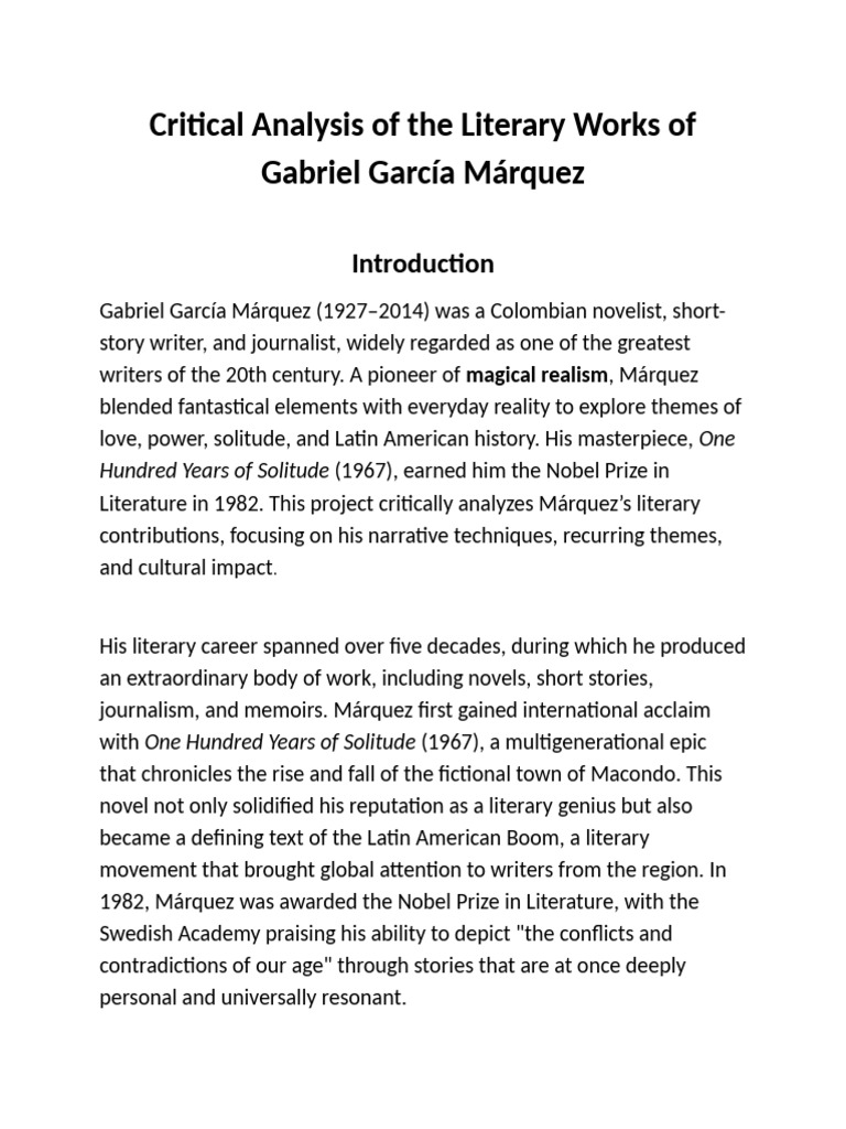 Critical Analysis of The Literary Works of Gabriel García Márquez | PDF ...