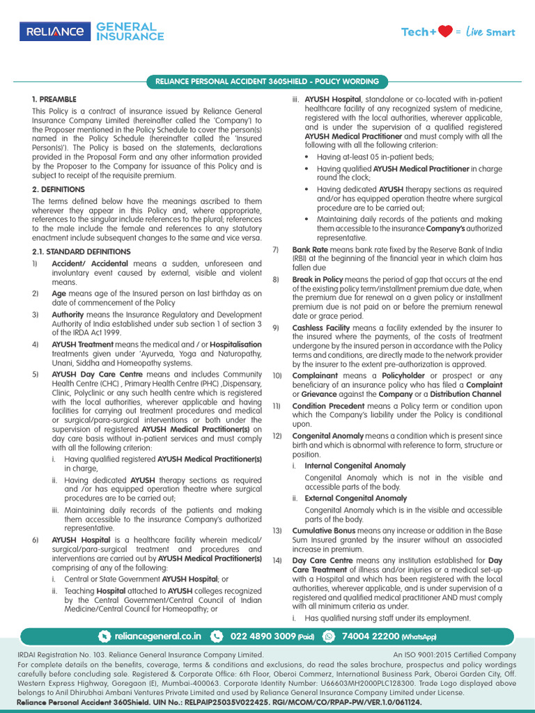 Reliance Personal Accident 360Shield Policy | PDF | Hospital | Insurance