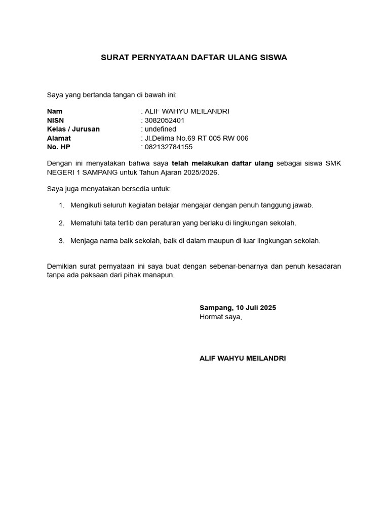 Surat Keterangan Daftar Ulang ALIF WAHYU MEILANDRI - Kelas Selanjutnya | PDF