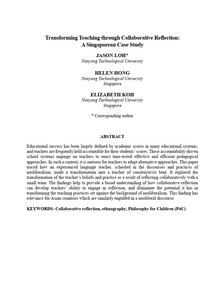 A Case Study of Transforming Teaching Through Collaborative Reflection ...