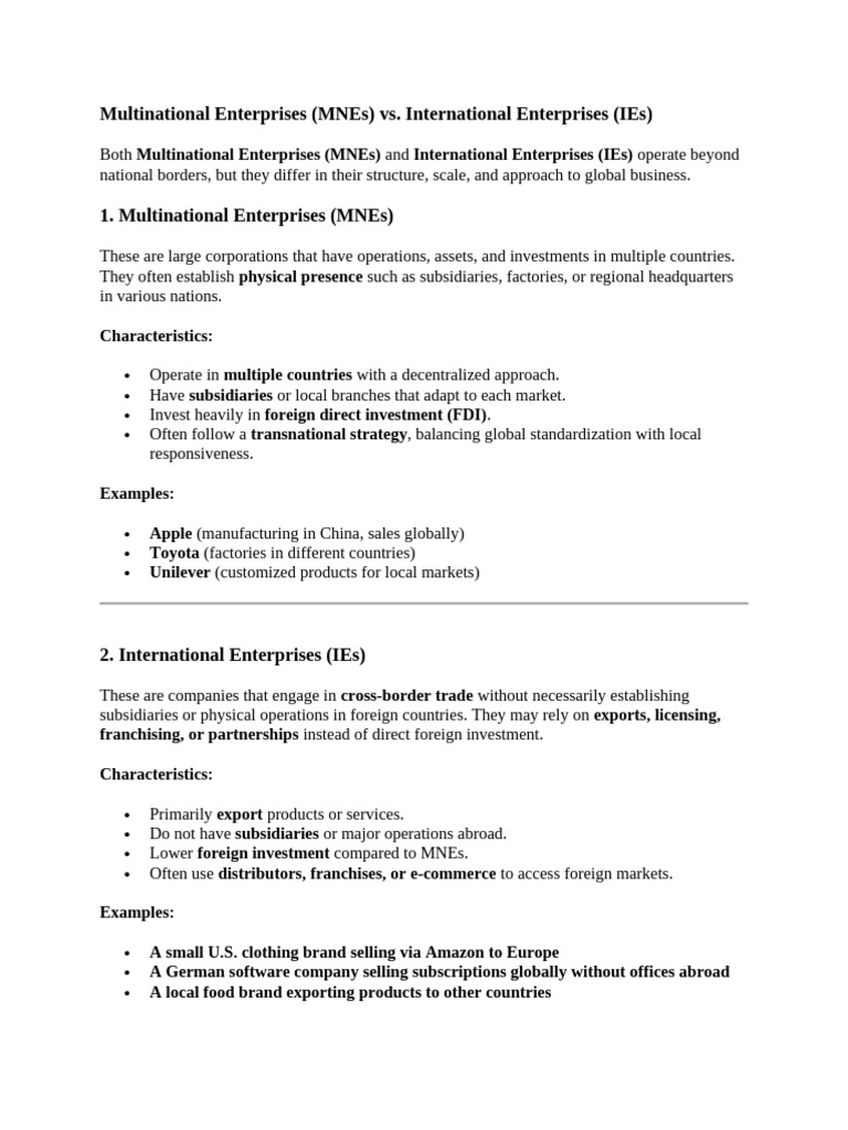 MNEs vs. IEs: Key Differences Explained | PDF | Multinational ...
