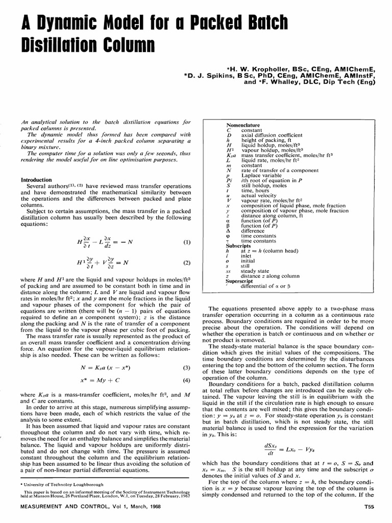 Dynamic Model for Packed Distillation | PDF | Distillation | Chemical ...