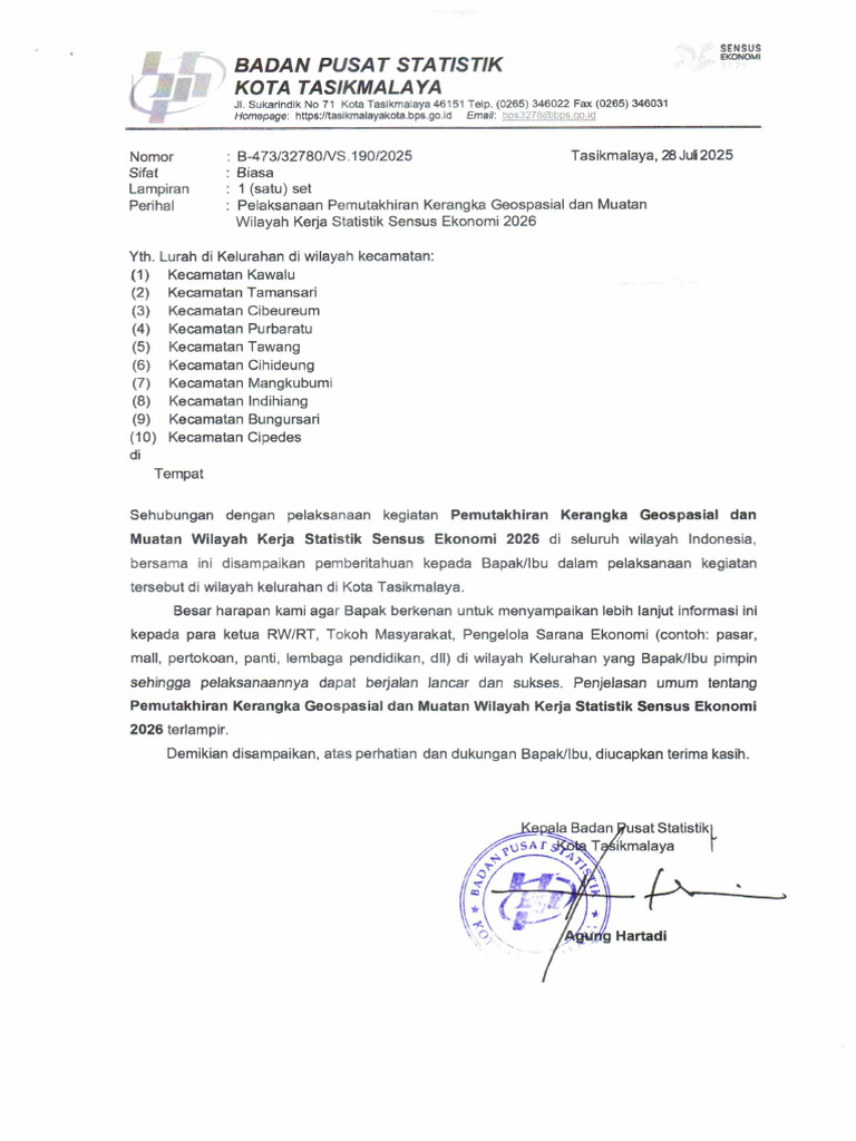 Surat BPS Kota Tsm Pelaks.Pemutakhiran Krngka Geospasial&Muatan Wil.Krj ...